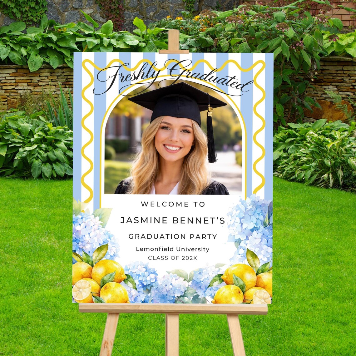 She's Freshly Graduated Party Welcome Sign, Blue & Gold Lemon Citrus ...