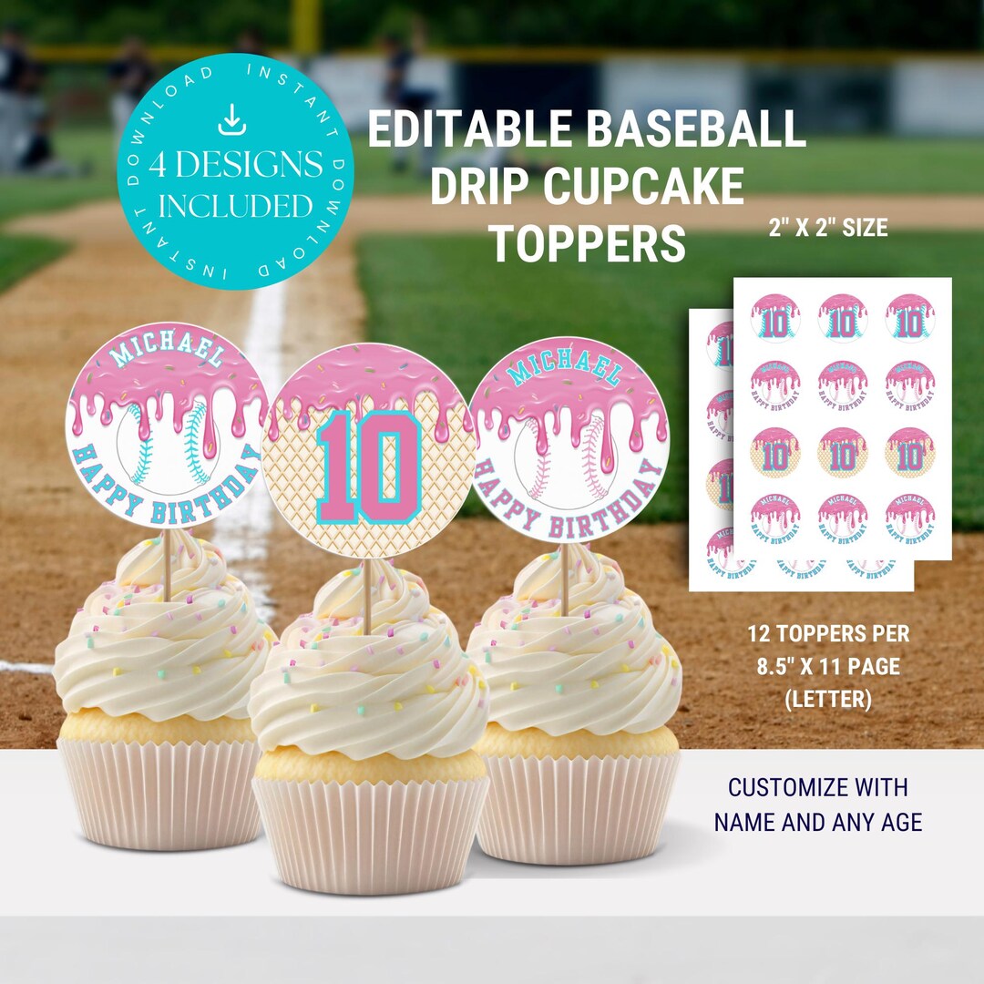 Baseball Drip 10th Birthday Cupcake Toppers, Kids Ice Cream Drip Party ...