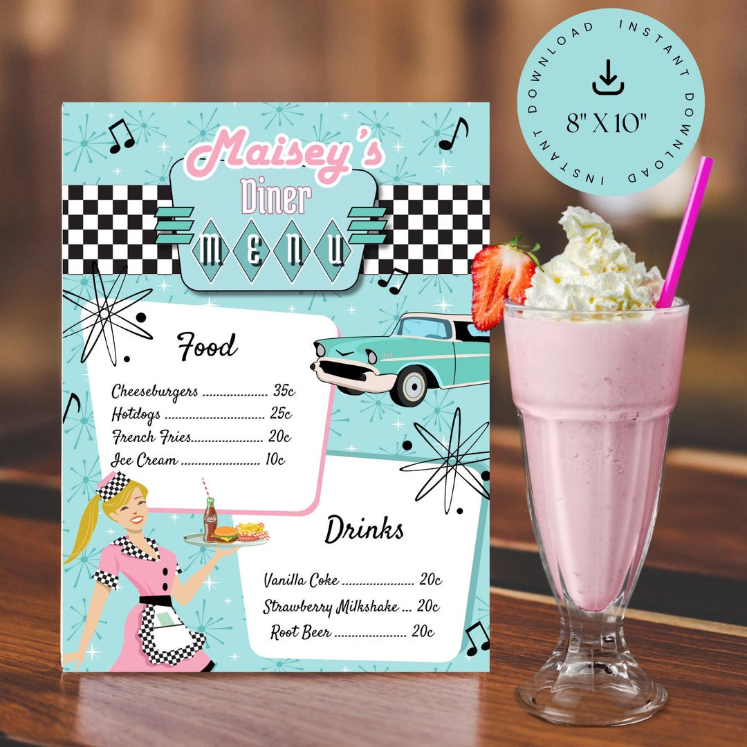 1950s Diner Menu, Fifties Sock Hop Themed Birthday Party Decorations ...
