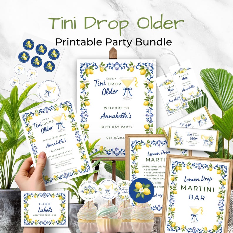 Tini Drop Older Lemon Martini Birthday Invitation Bundle, Customizable ...