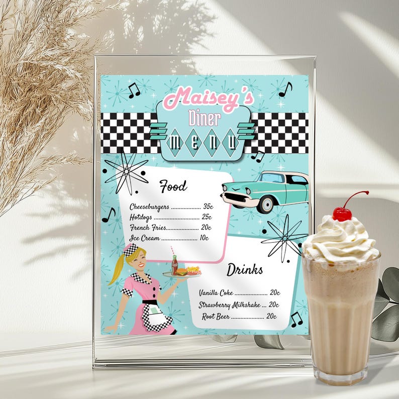 1950s Diner Menu, Fifties Sock Hop Themed Birthday Party Decorations ...