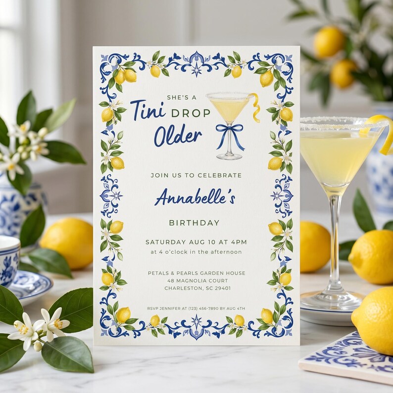 Tini Drop Older Lemon Martini Birthday Invitation Bundle, Customizable ...