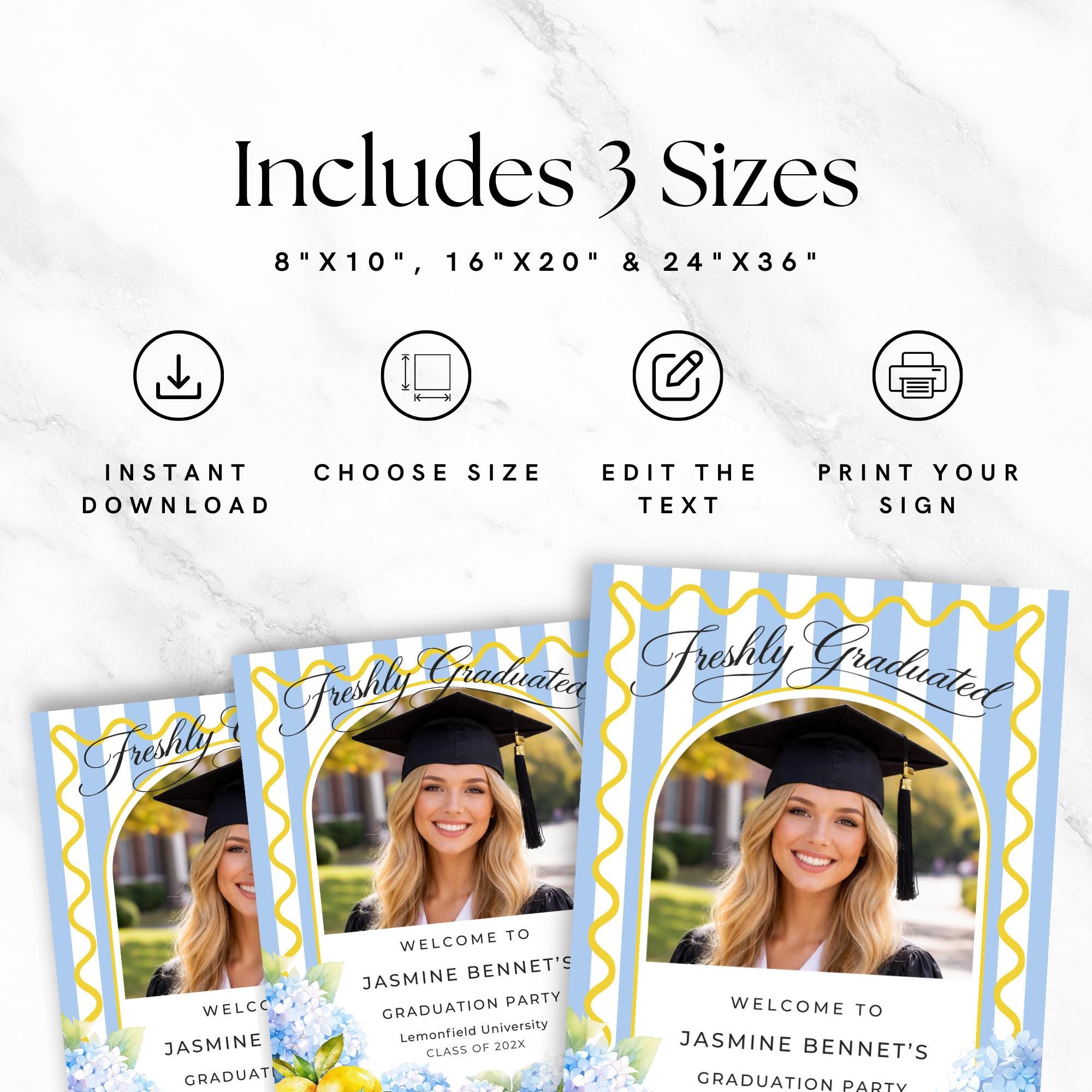 She's Freshly Graduated Party Welcome Sign, Blue & Gold Lemon Citrus ...