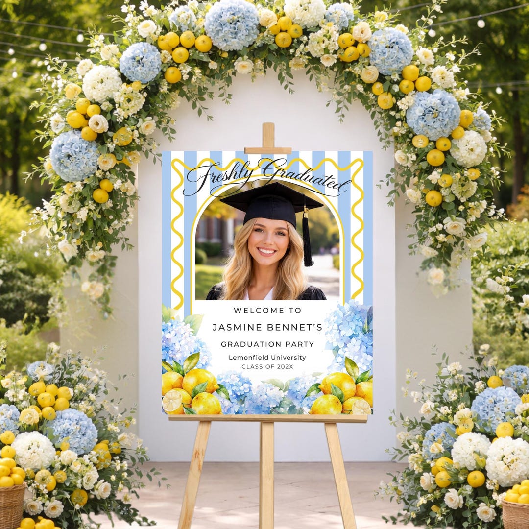 She's Freshly Graduated Party Welcome Sign, Blue & Gold Lemon Citrus ...