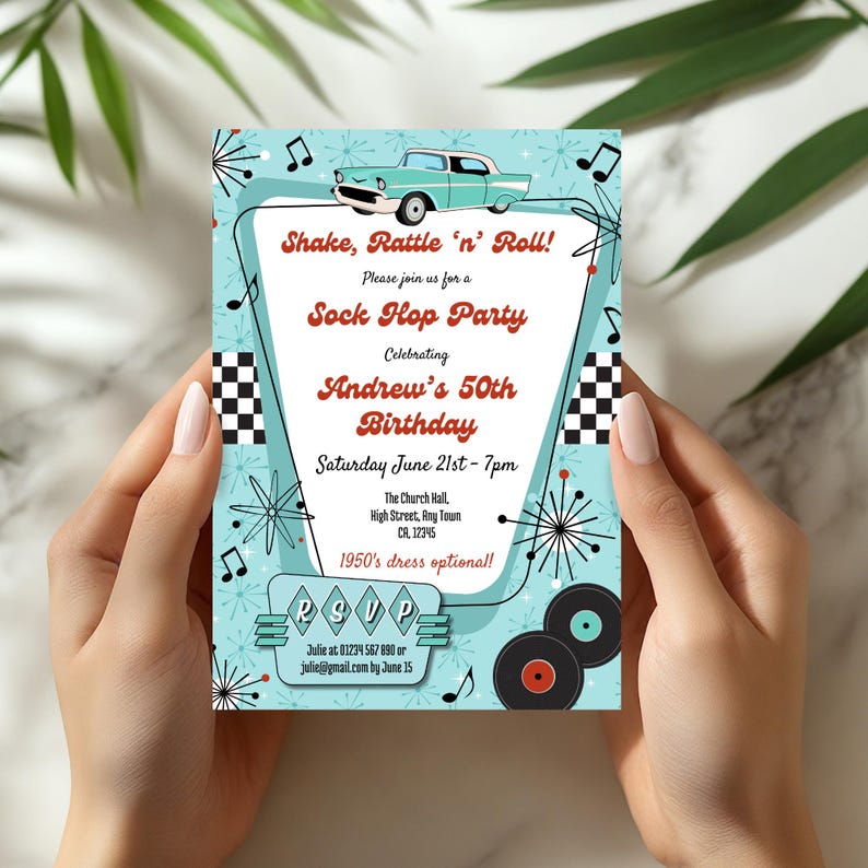 1950s Retro Sock Hop Birthday Party Invitation Template, Retro Diner ...