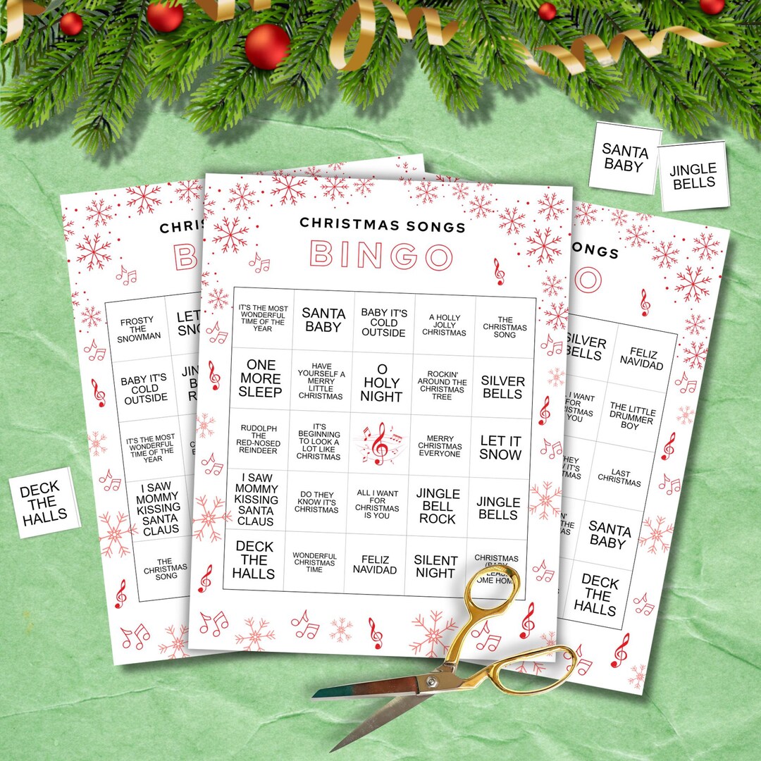 Printable Christmas Music Bingo Game, Holiday Songs and Carols Party ...