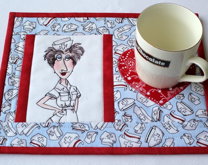Nurse Mug Rug, Quilted Mug Rug, Medical Snack Mat, Blue Red Mug Rug ...