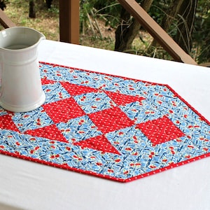 Quilted Summer Table Runner, Blue Red Floral Table Quilt, 43.75x16.25 ...