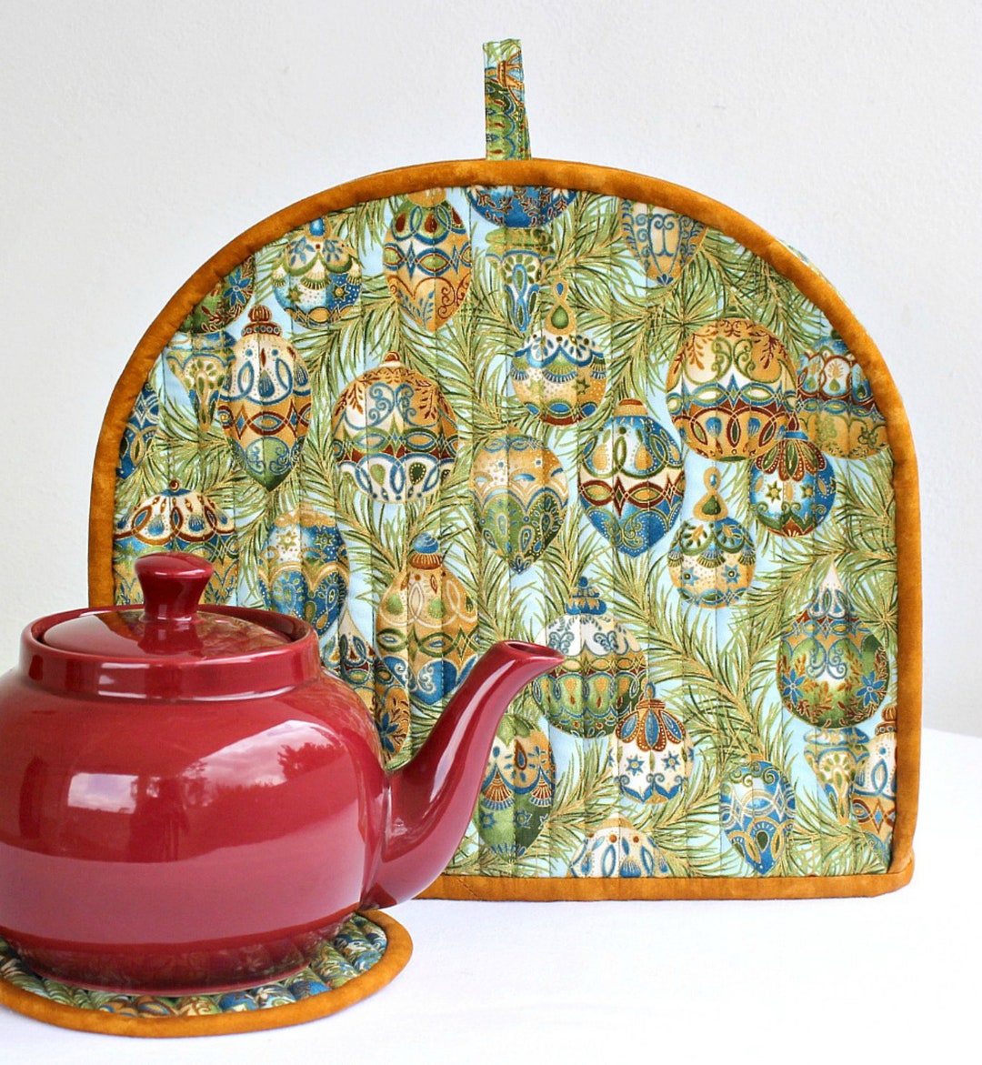 Quilted Christmas Tea Cozy Teapot Mat Blue Gold Baubles - Etsy