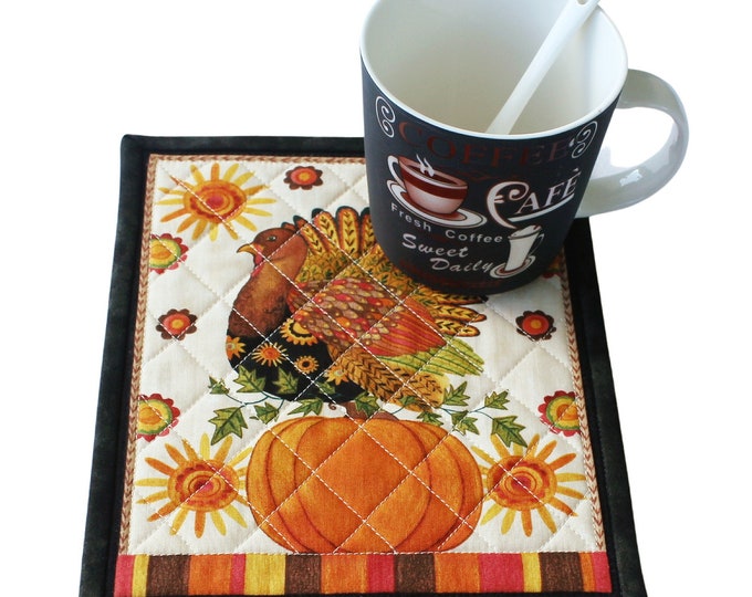 Quilted Fall Mug Rug, Turkey Pumpkin Snack Mat, Thanksgiving Decor, 7 ...