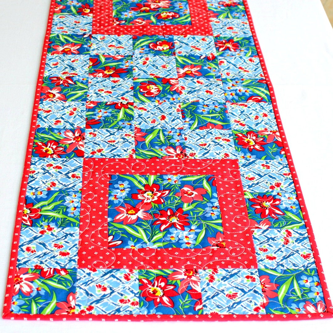 Quilted Summer Table Runner, Blue Red Floral Table Topper, 39.50x15.50 ...