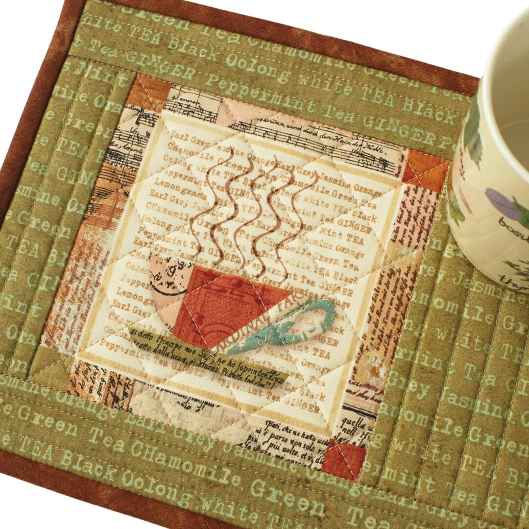 Quilted Mug Rug, Tea Themed, Green Brown Snack Mat, 10"x8" - Etsy