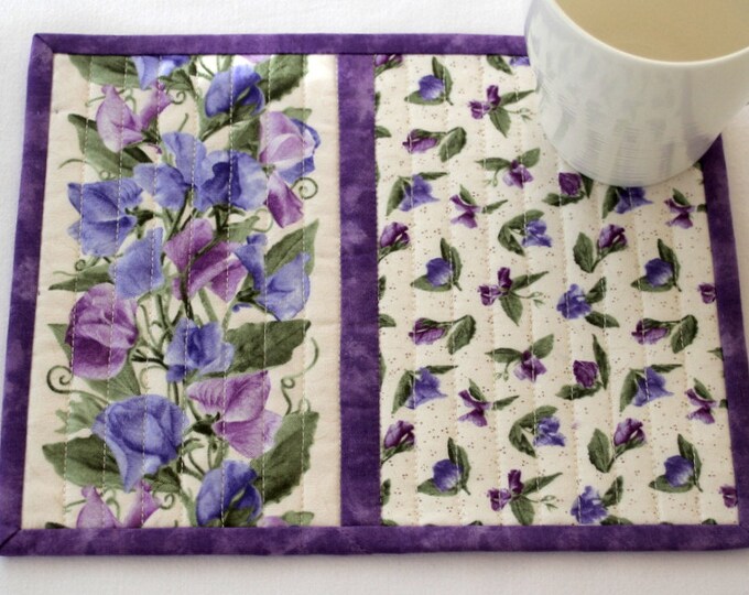 Quilted Mug Rug Sweet Pea Flowers Purple Mug Rug Quilted Snack Mat ...