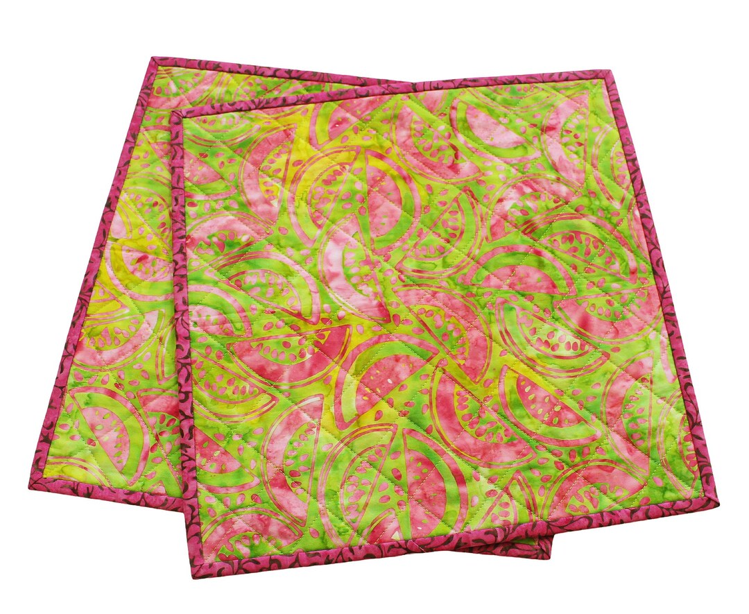 Quilted Watermelon Placemats, Set of 2 Square Table Mats, 13.25x13.25 ...