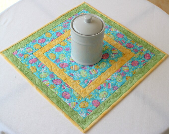 Easter Candle Mat, Quilted Table Topper, Easter Eggs, Blue Yellow and ...