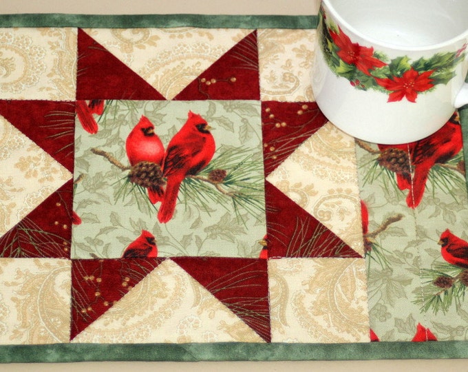Quilted Christmas Winter Mug Rugs - Cardinals, Star Mug Rugs - Set of ...