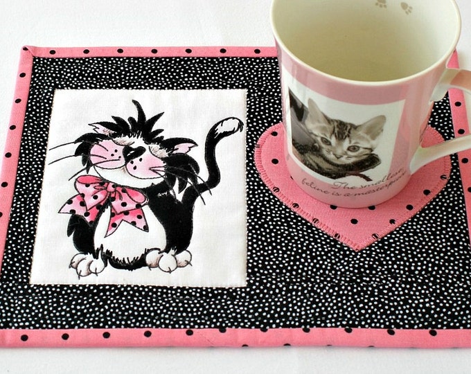 Cat Mug Rug Quilted Mug Rug Snack Mat Pink Black Mug Rug - Etsy