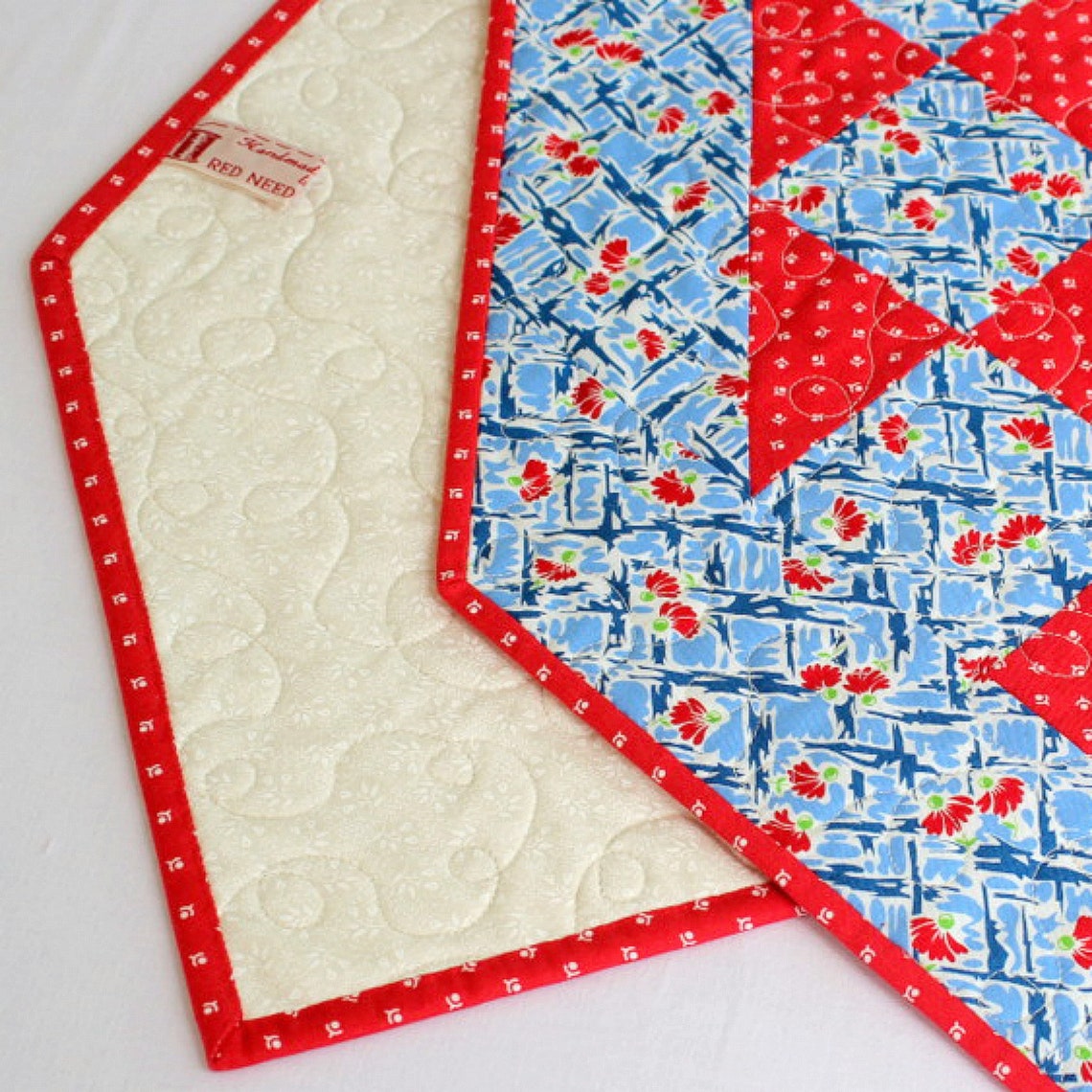 Quilted Summer Table Runner Blue Red Floral Table Topper - Etsy