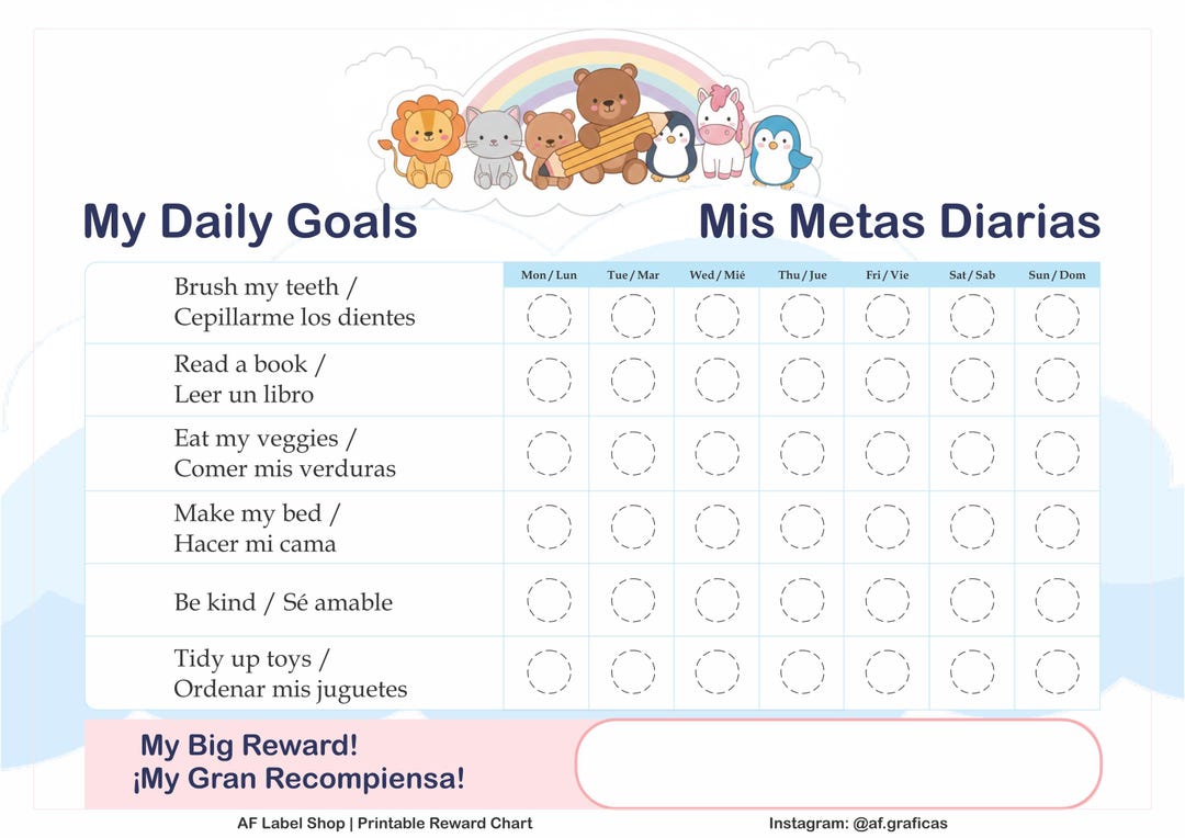 Bilingual Reward Chart for Kids, English Spanish Daily Goals, Toddler ...