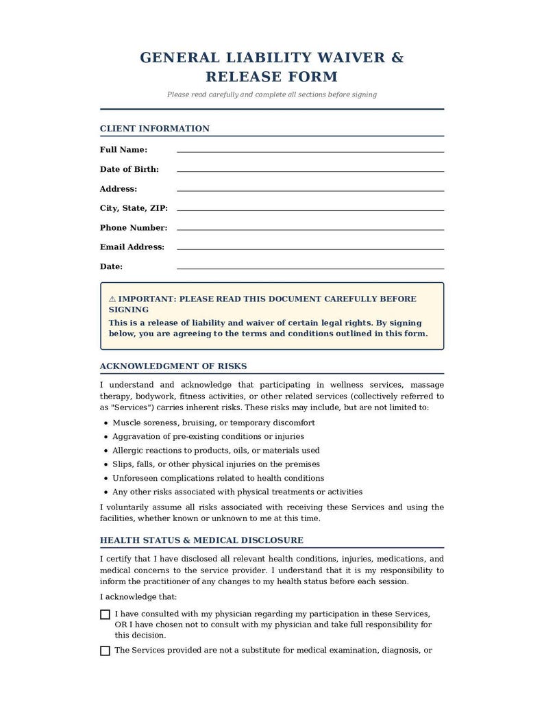 Liability Waiver Form Template | Release Form | Massage Spa Salon ...