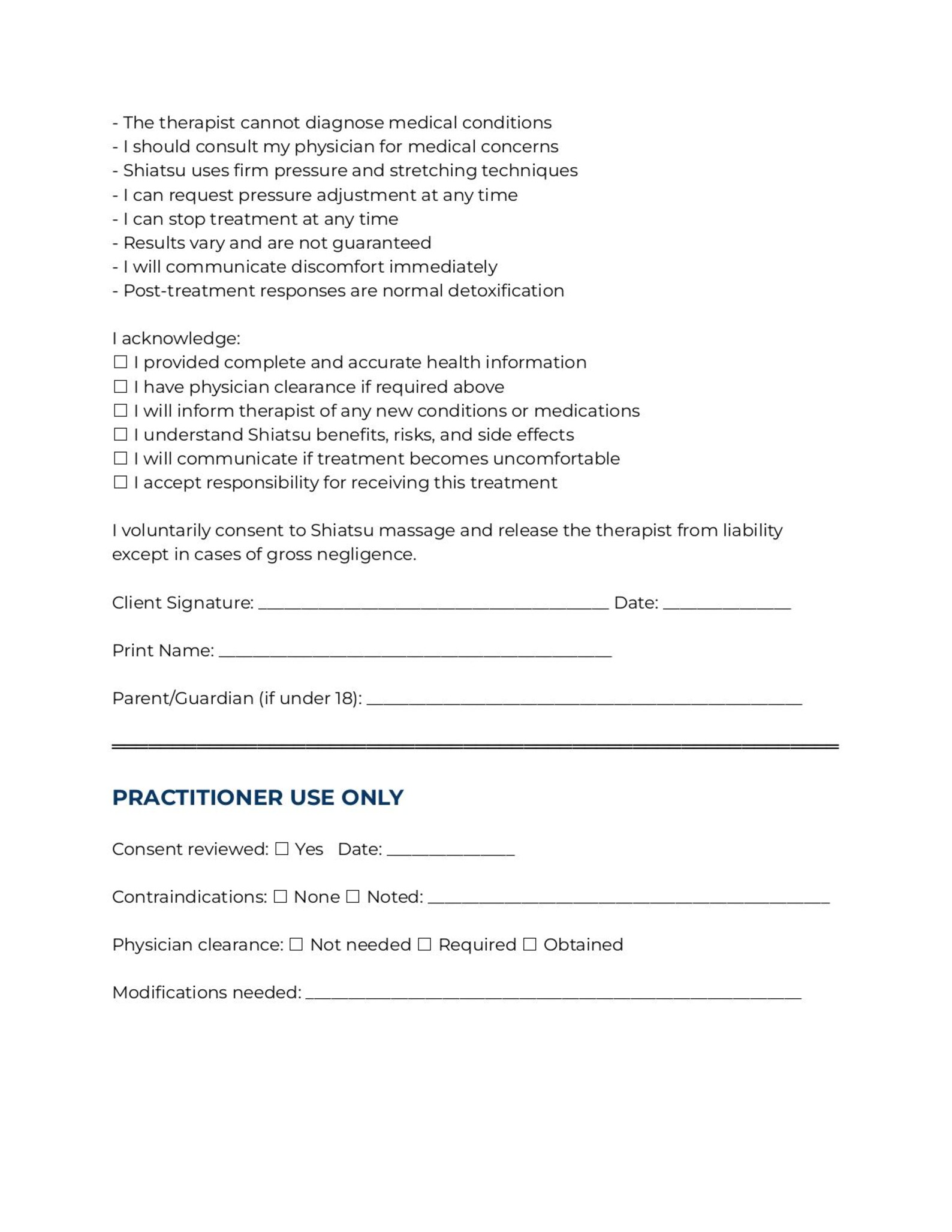 Massage Therapy Forms | Shiatsu Massage Consent Form - Massage Therapy ...