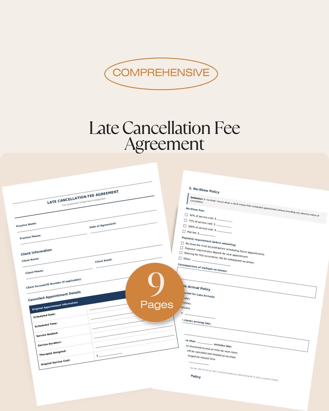 Late Cancellation Fee Agreement | No Show Fee Form | Cancellation ...