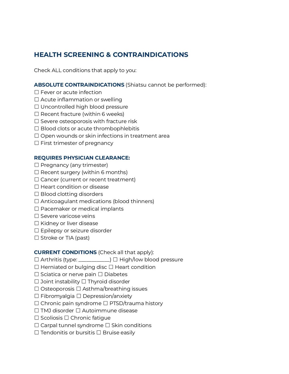 Massage Therapy Forms | Shiatsu Massage Consent Form - Massage Therapy ...