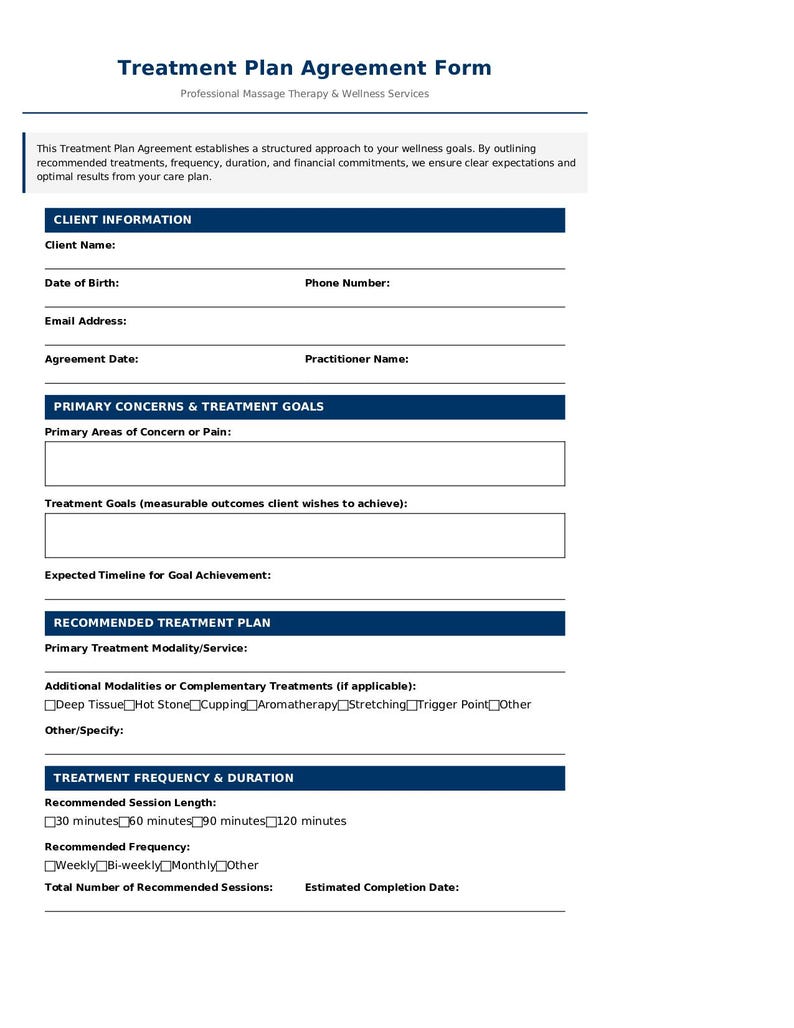 Treatment Plan Agreement Form for Massage Therapy - Professional Multi ...