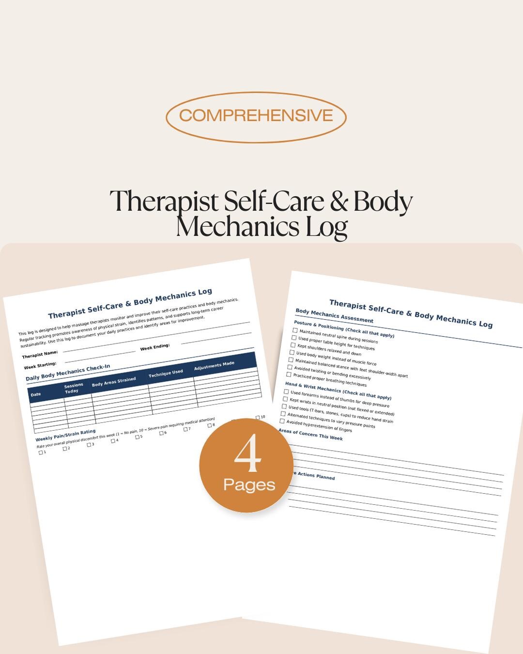 Therapist Self Care Log - Body Mechanics Tracker - Massage Therapist ...