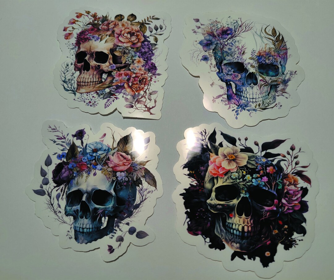 Flower Skull Sticker Set of 4 Glossy Sticker Paper - Etsy
