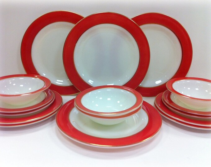 Pyrex Dinnerware Set Flamingo Red Gold Trim reserved - Etsy