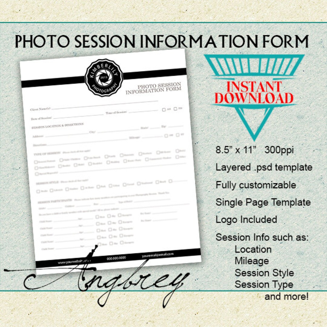 Photo Session Form for Photographers, Session Information Form ...