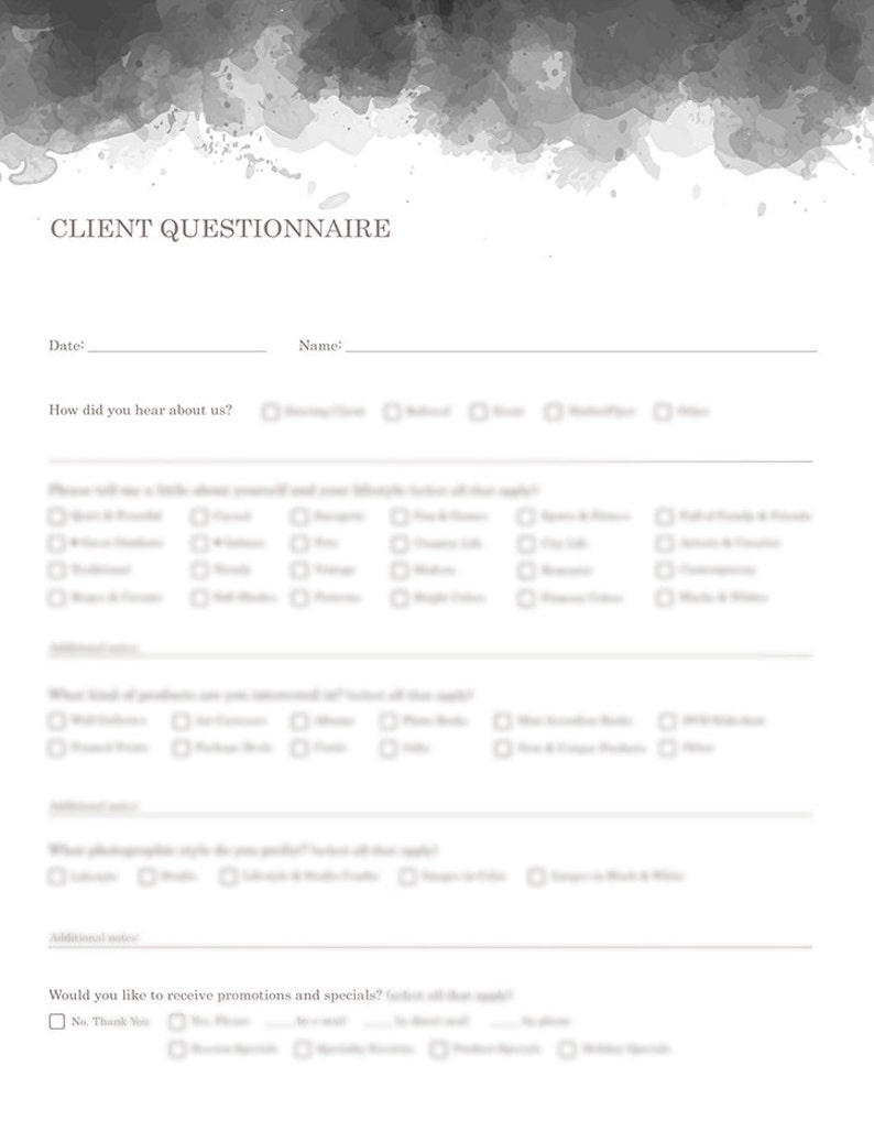 Client Questionnaire Form for Photographers, Client Information Form ...