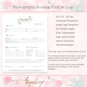 Booking Form, Client Information Form for Photographers, Photoshop ...
