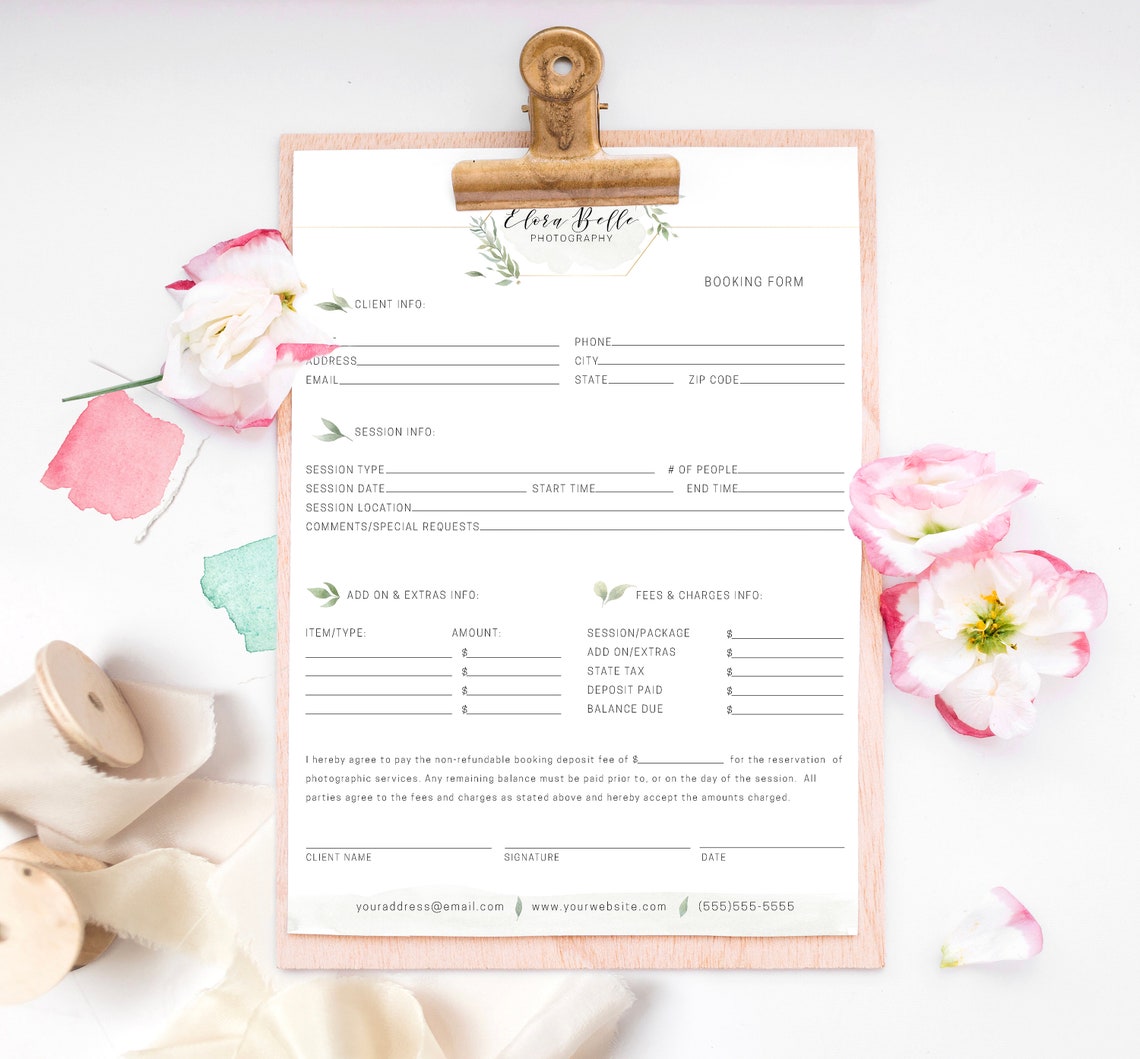 Booking Form, Client Information Form for Photographers, Photoshop ...