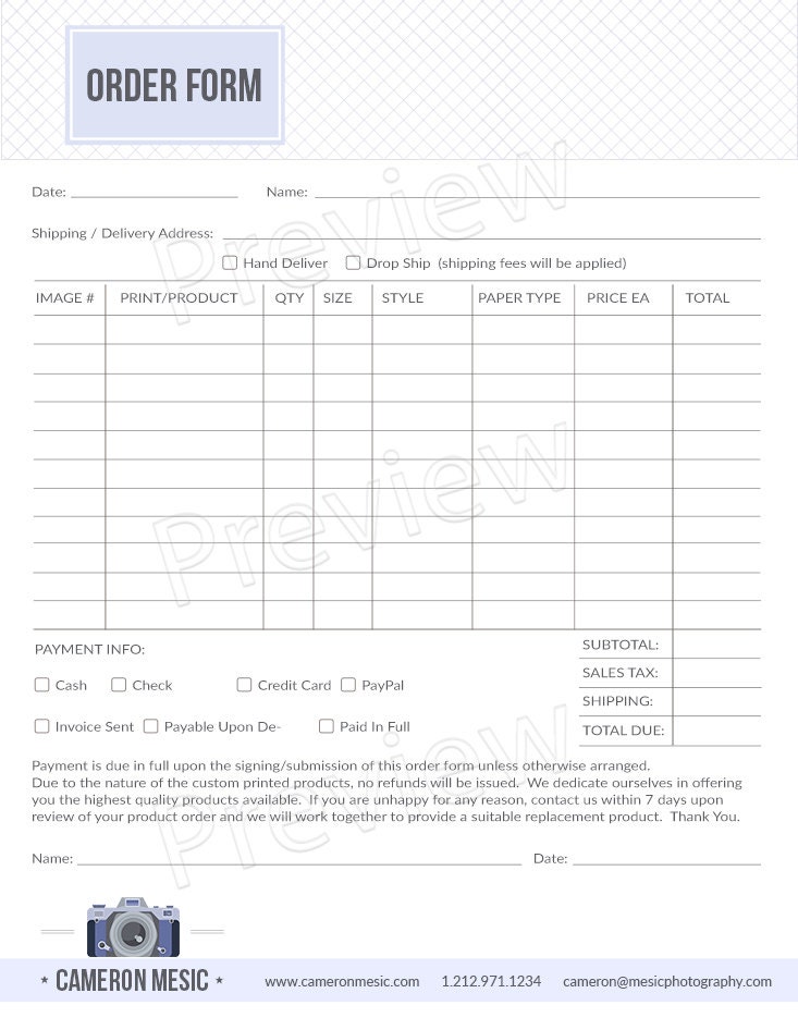 Order Form, Business Card Templates for Photographers, Business Forms ...