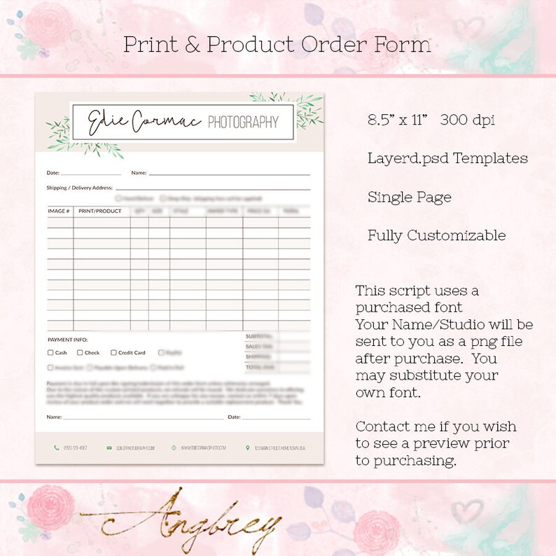 Print & Product Order Form, for Photographers, Photoshop Template ...