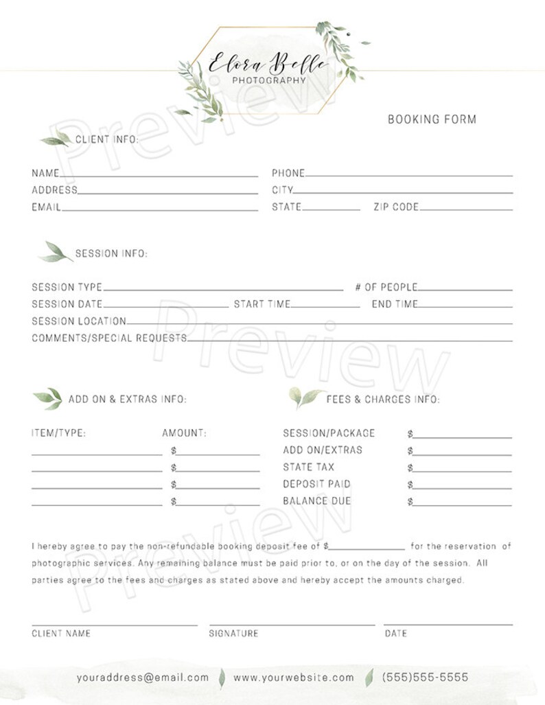 Booking Form, Client Information Form for Photographers, Photoshop ...