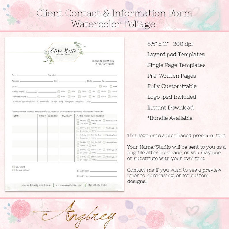Client Information Form, Client Contact Form, for Photographers ...