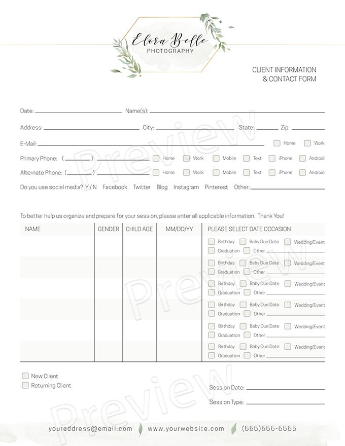 Client Information Form, Client Contact Form, for Photographers ...