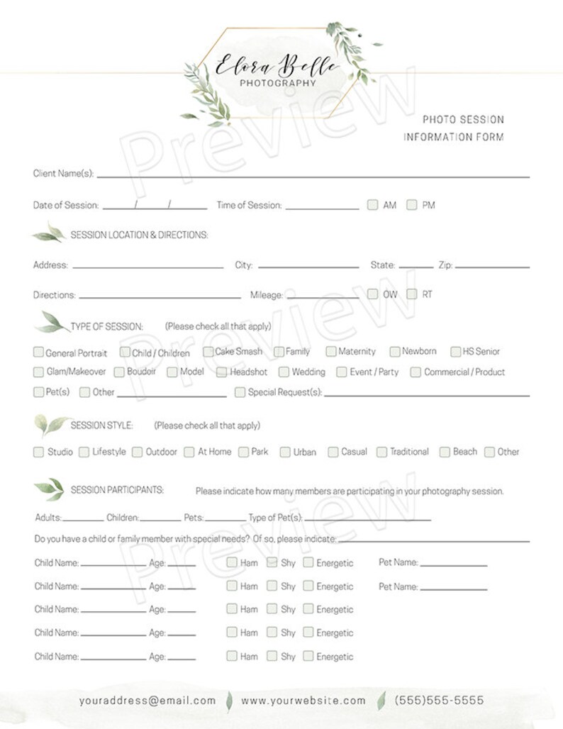 Photo Session Information Form, for Photographers, Photoshop Template ...
