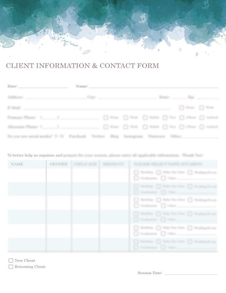 Client Info & Contact Form (for Photographers), Client Information Form ...