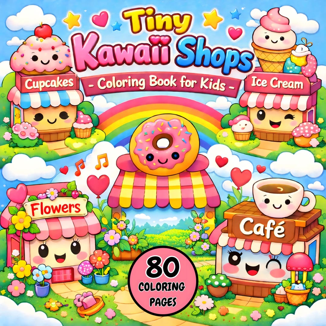 Tiny Kawaii Shops Coloring Book | Cute Store & Café Coloring Pages | 80 ...