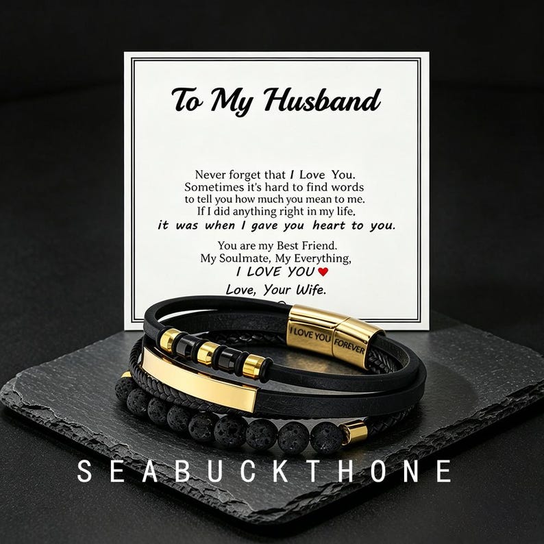 To My Husband Magnetic Clasp Bracelet Gold Steel Lava Stone Leather ...
