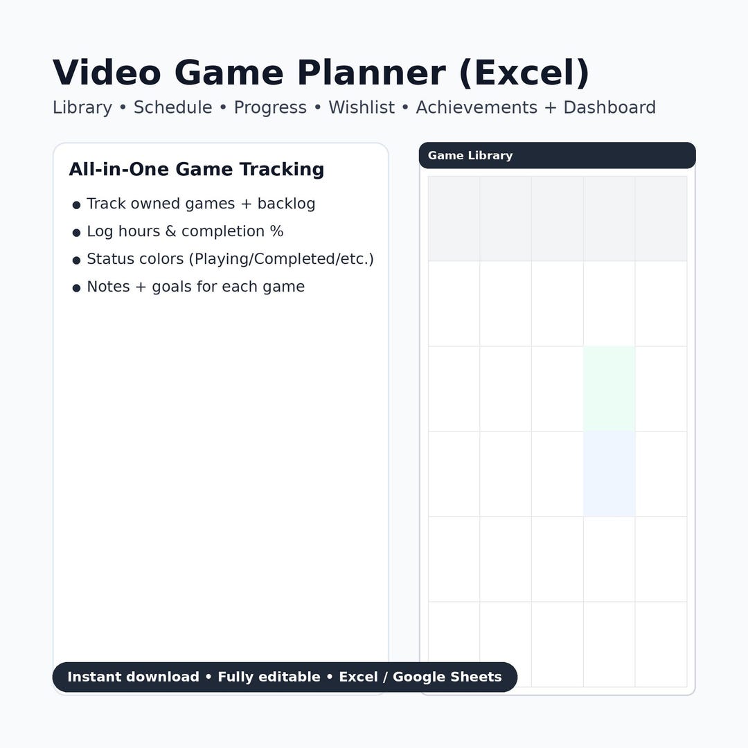 Video Game Planner Excel | Gaming Tracker Spreadsheet | Game Library ...