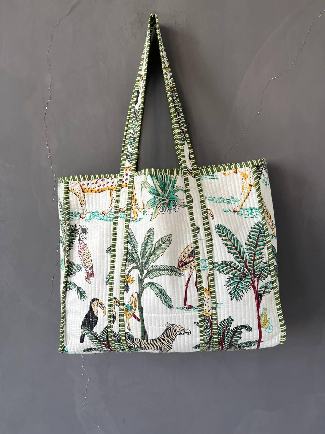 Premium Cotton Quilted Block Printed Carry Bag With Soft Quilting and ...