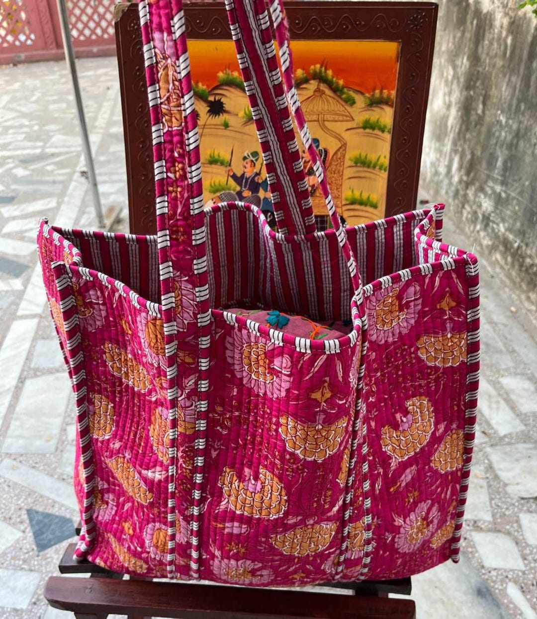 Artisan-made Quilted Cotton Carry Bag Featuring Traditional Block Print ...