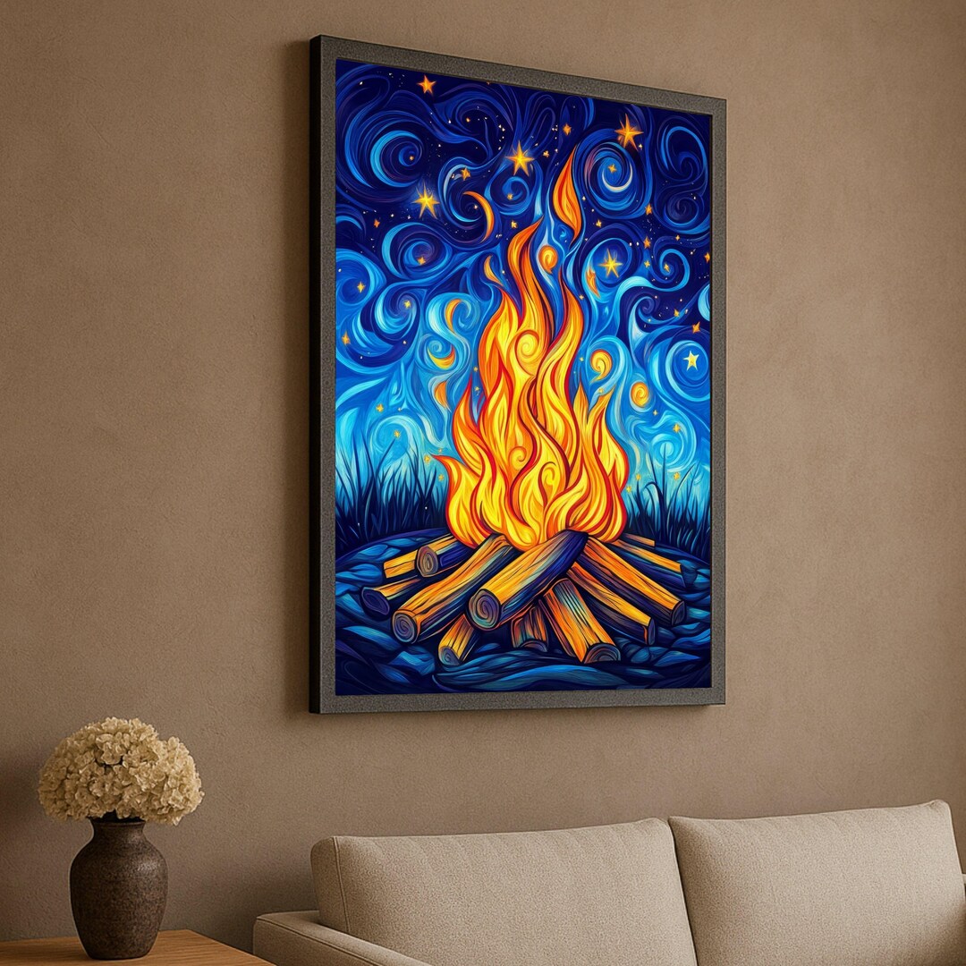 Vibrant Campfire Canvas, Starry Night Sky Wall Art, Whimsical Firelight ...