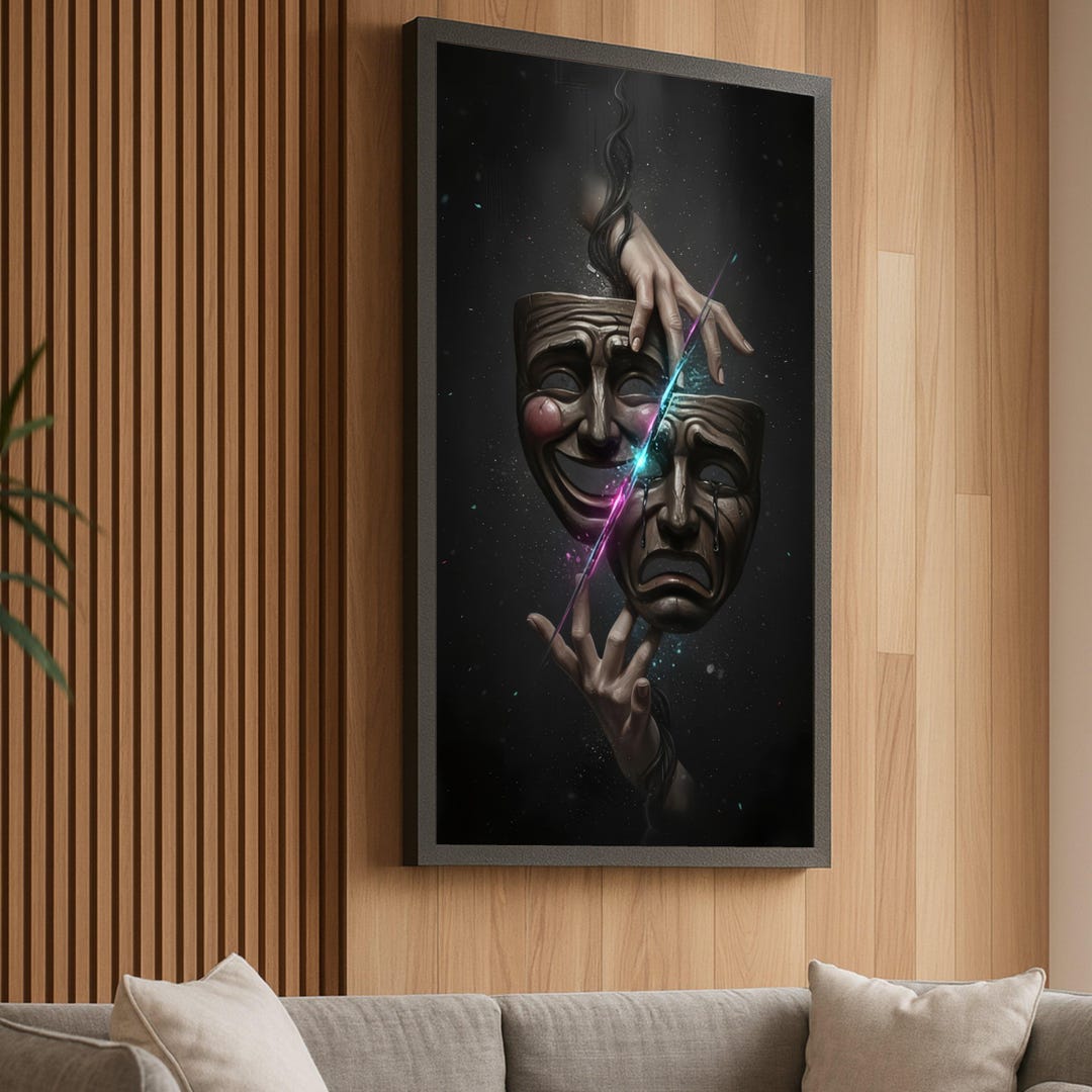Dramatic Comedy and Tragedy Masks Canvas Wall Art, Dual Emotion Theater ...