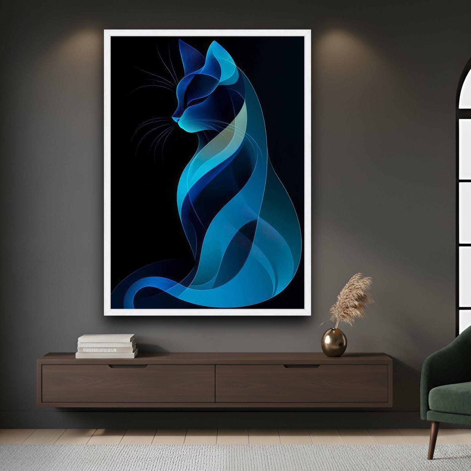Abstract Blue Cat Silhouette Canvas, Modern Animal Wall Art, Geometric ...